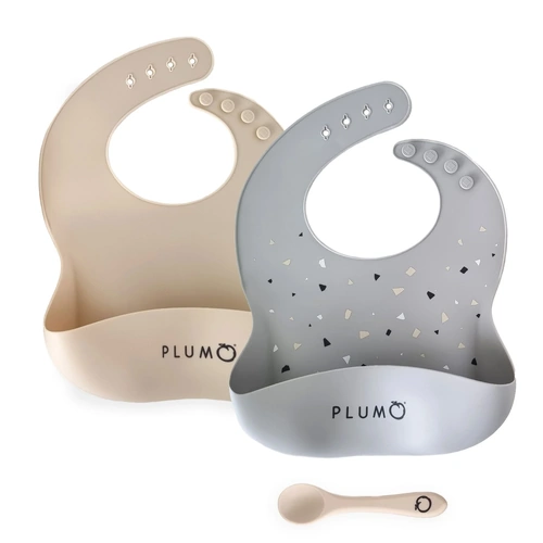 Plum 2 Pack Silicone Bib & Spoon Set Grey/Sand